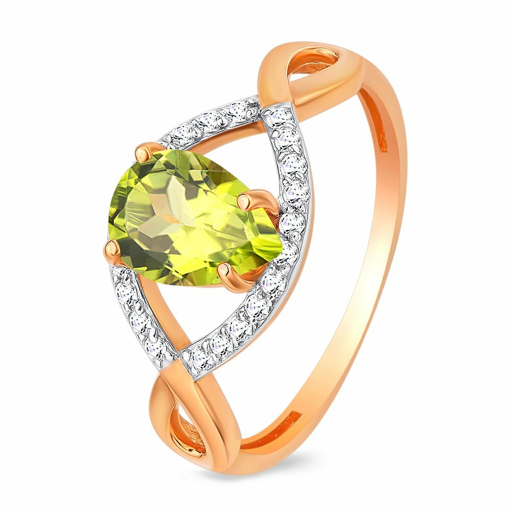 Кольцо, красное золото, 585 проба, родирование, фианит, хризолит