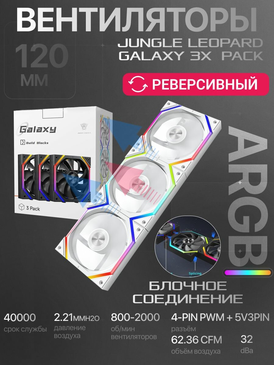 Корпусныe вентиляторы Jungle leopard Galaxy 3x, ARGB 120 мм, реверсивный корпусный вентилятор, белый