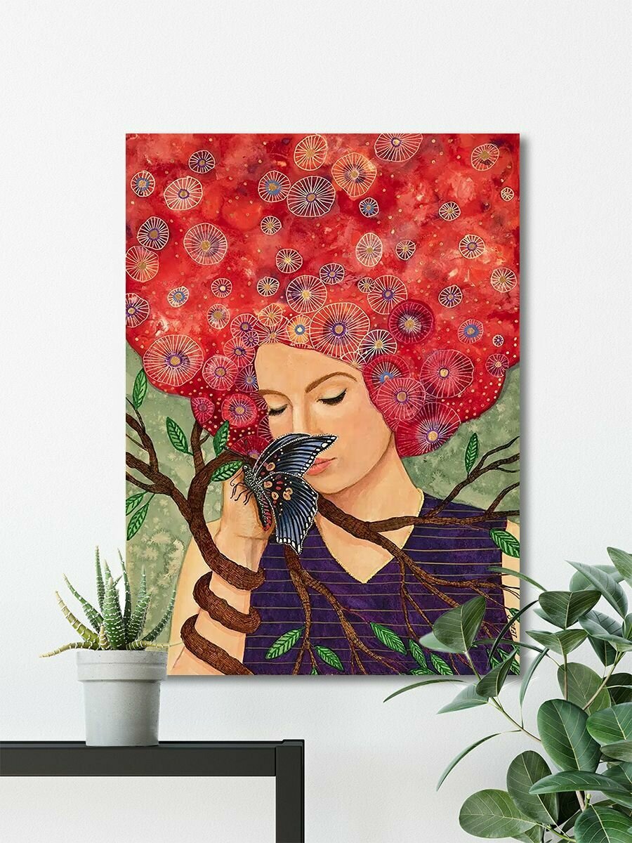 Бохо / картины минимализм -"Девушка с цветами", картина в прихожую на стену / в комнату, 20х30 см.