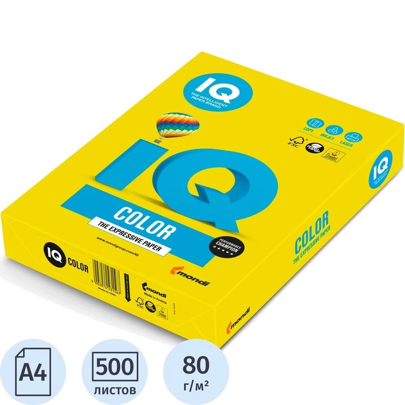 Бумага цветная IQ COLOR (А4,80г, NEOGB-желтый неон) пачка 500л.