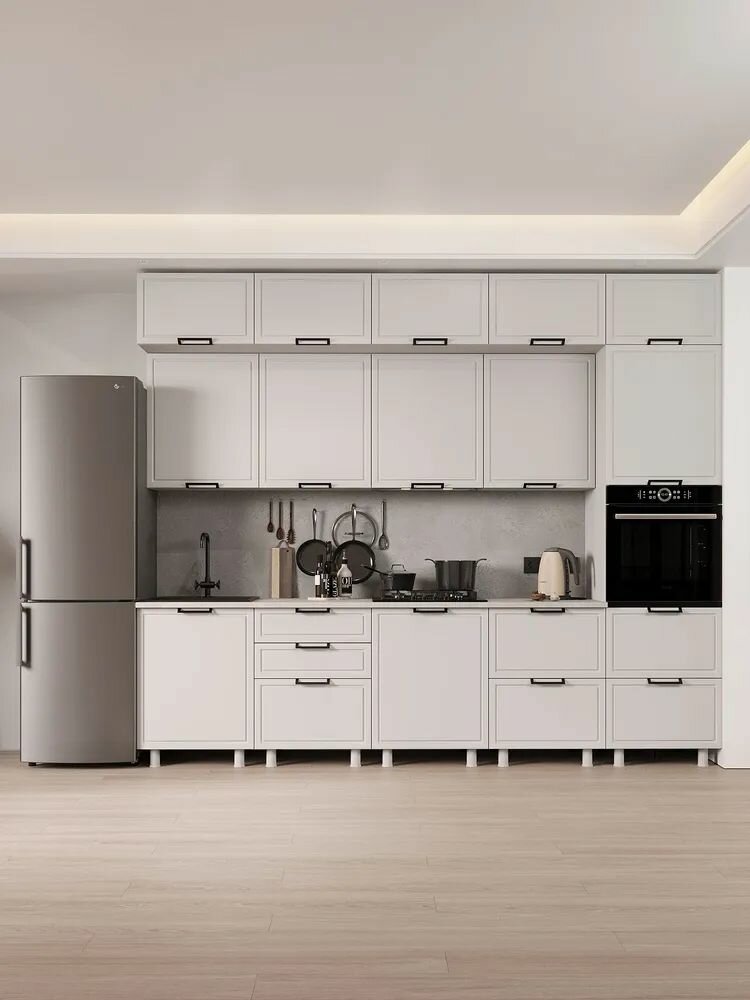 Кухонный гарнитур Квадро МДФ 3м белый снег со столешницей и антресолью