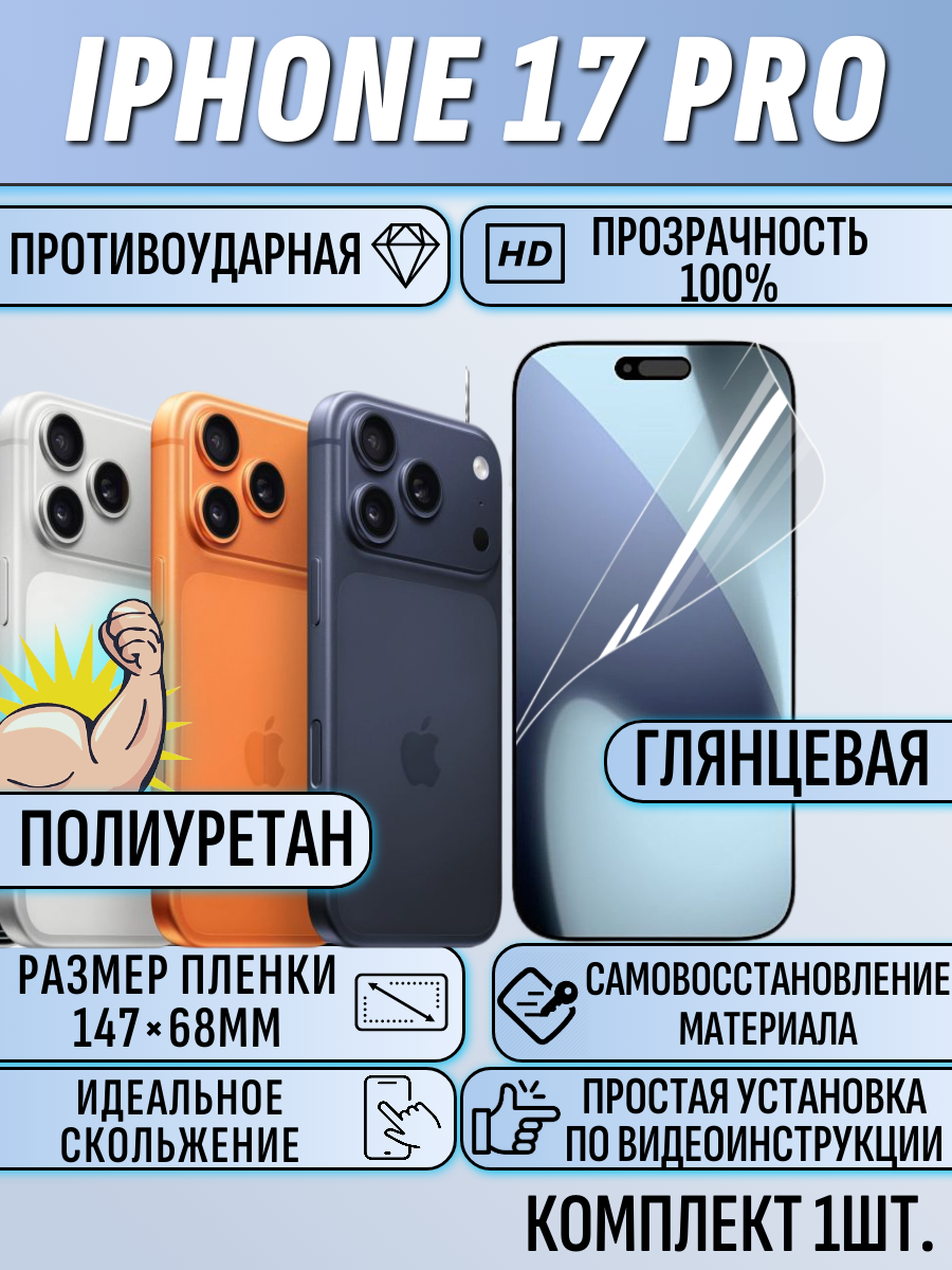 Гидрогелевая пленка iPhone 17 Pro глянцевое полиуретановое покрытие