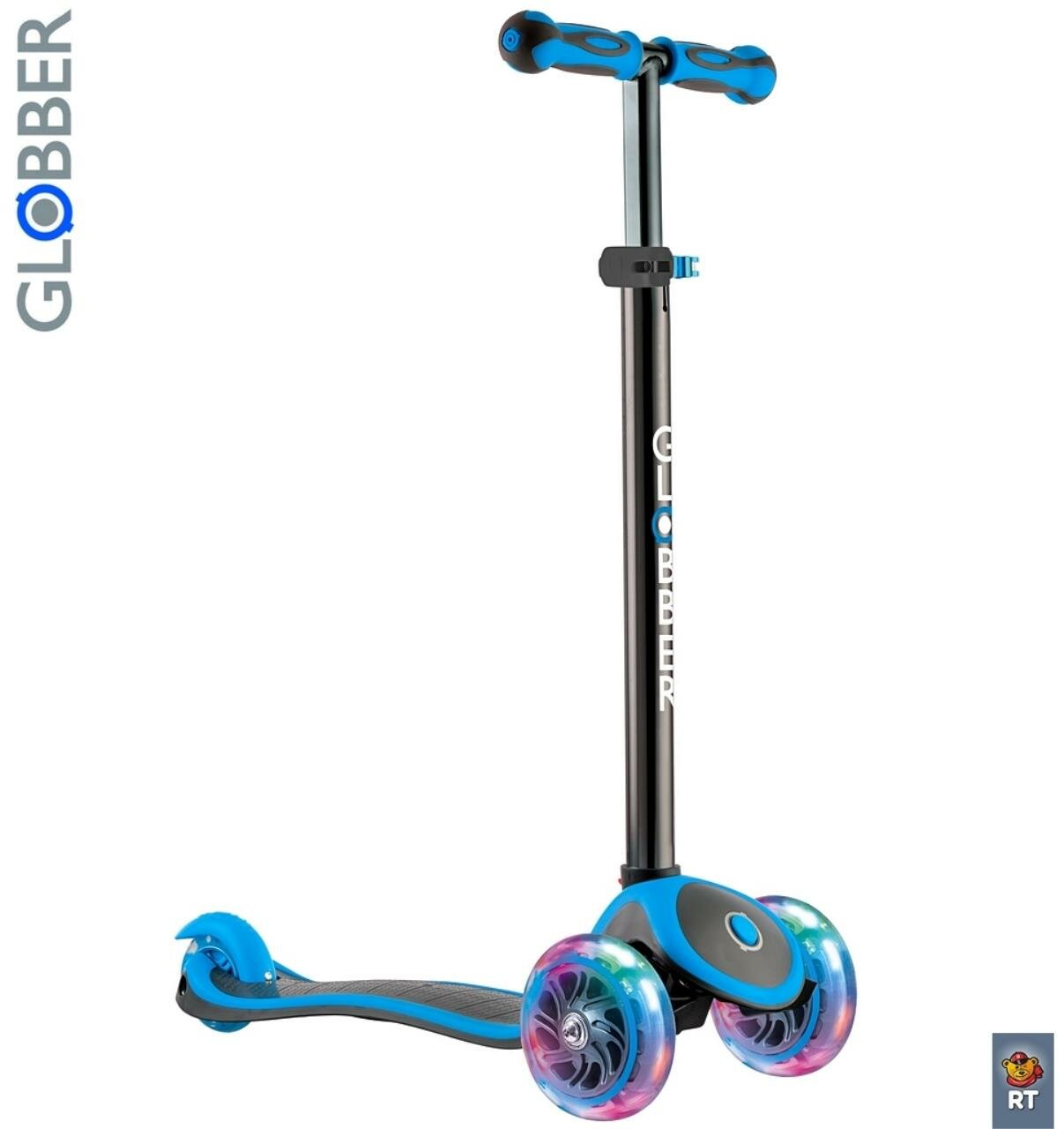 442-130 Самокат GLOBBER PRIMO PLUS TITANIUM с 3 светящимися колесами Neon Blue