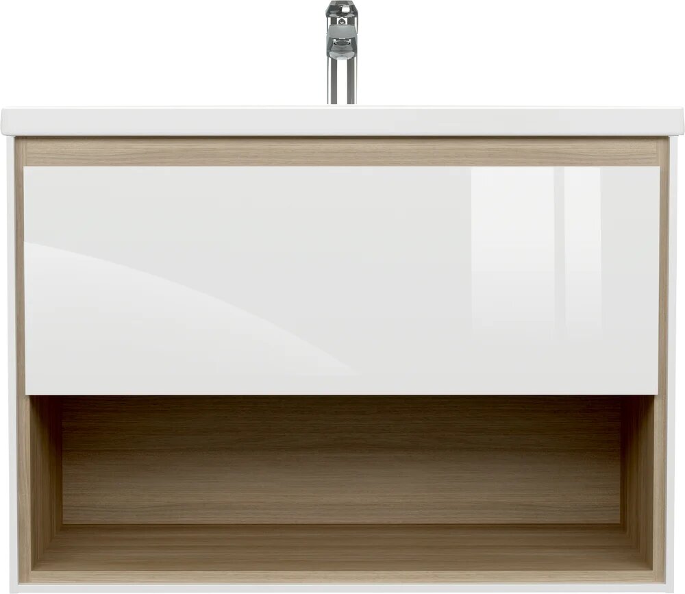 Тумба под раковину без столешницы Cersanit Лауна (Louna) 80 подвесная, белая, светлое дерево, глянцевая, из МДФ, тумба для ванной, с ящиками, с доводчиками