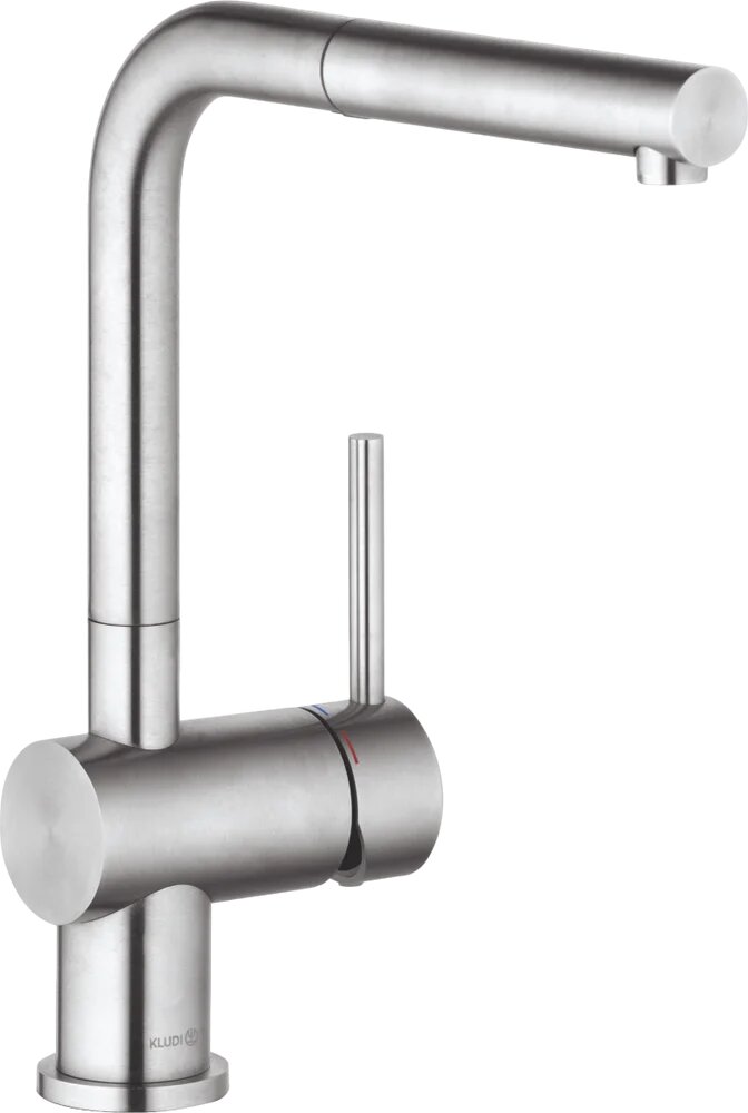 Смеситель для кухни Kludi Steel 45851F877 с поворотным изливом, матовый, однорычажный, нержавеющая сталь, с керамическим картриджем