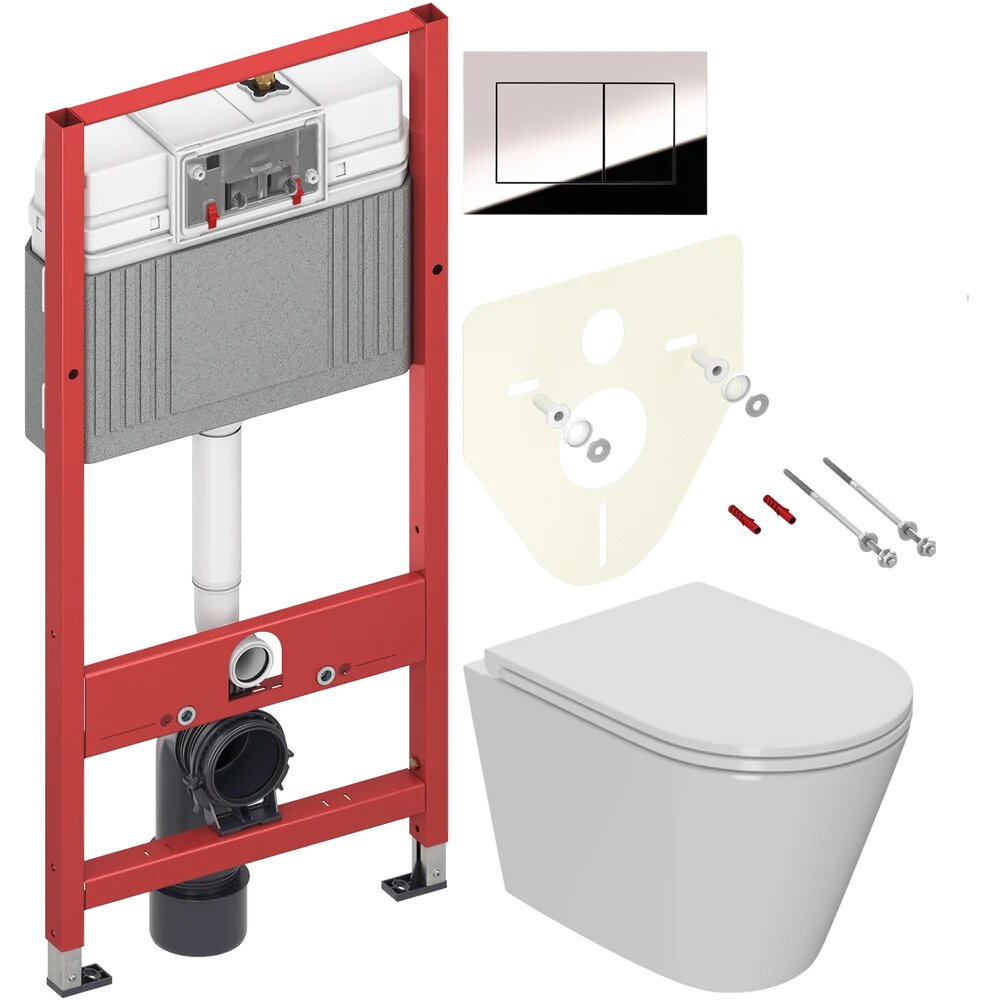 Комплект 2 в 1 Унитаз подвесной Bauedge Bau Nimb Hurricane3 / Инсталляция с кнопкой TECE Now 9400412 цвет хром