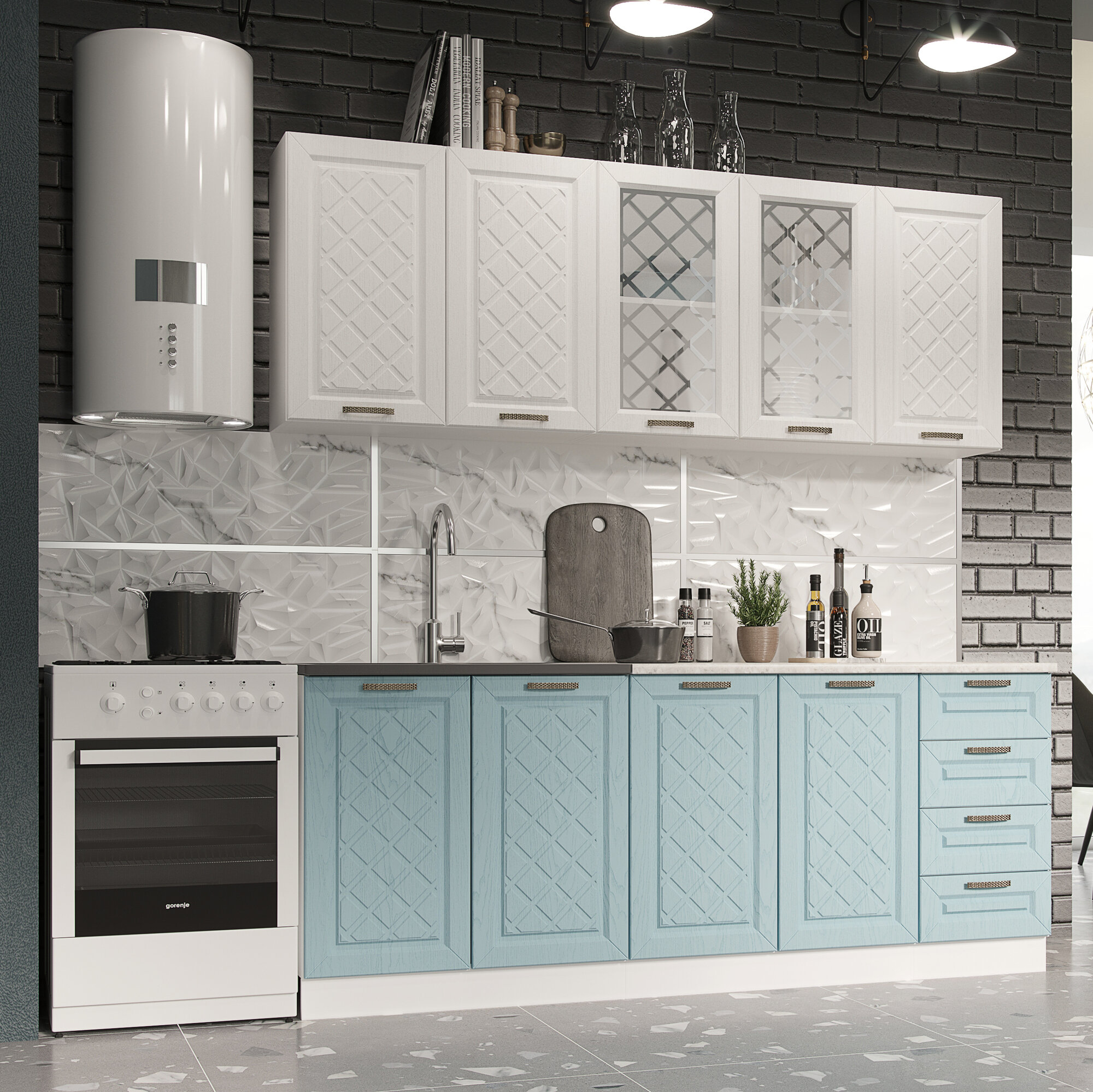 Кухонный гарнитур, кухня, готовый комплект Агава 2 м Акация белая/Аква