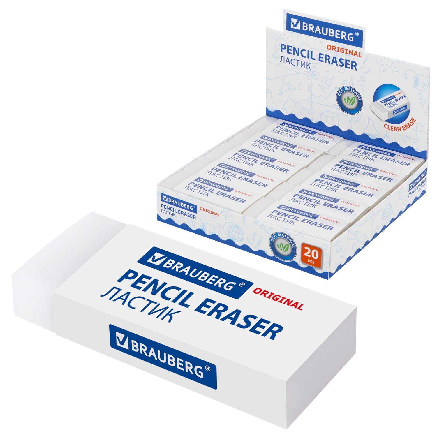 Ластик большой BRAUBERG EXTRA, 60х24х11 мм, белый, прямоугольный, экологичный ПВХ, картонный держатель, 228074 (цена только за 1 шт.)