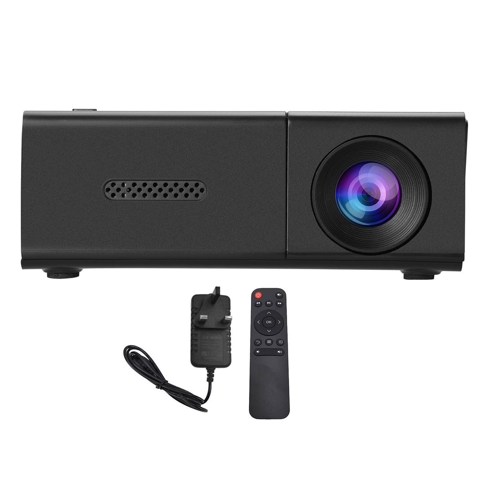 Компактный проектор 1080P с регулируемой автоматической коррекцией трапецеидальных искажений, LED-подсветкой, стереодинамиками и пультом дистанционного управления для дома, кемпинга, вечеринок, вилка британского стандарта.