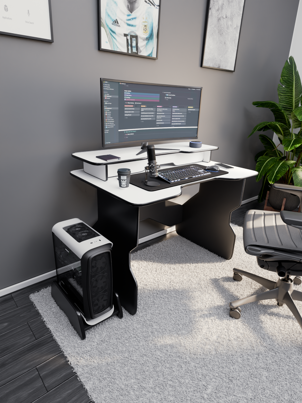 Игровой компьютерный стол для геймера белая столешница черный кант и черные ноги с полкой под монитор 106х73х75