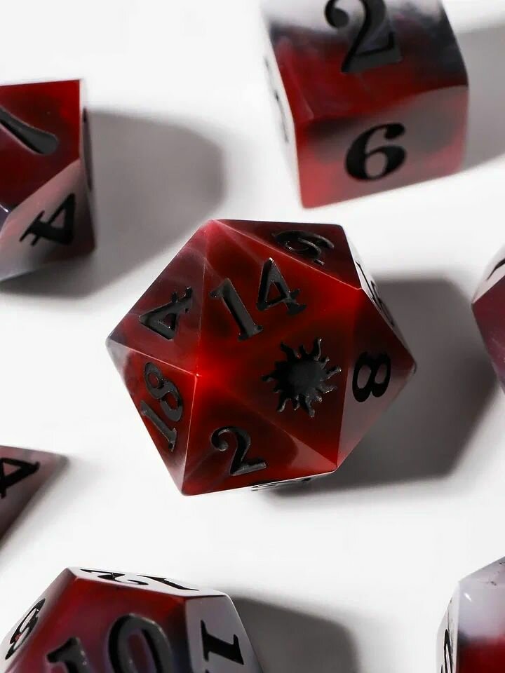 Дайсы ручной работы для днд, игральные кубики, кости для ДнД, DnD, D&D, белые с красным, 7шт, набор"Шихитеу"