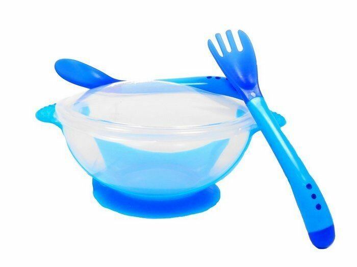 Детская посуда для кормления Бусинка тарелка с термоложкой и термовилкой, на присоске