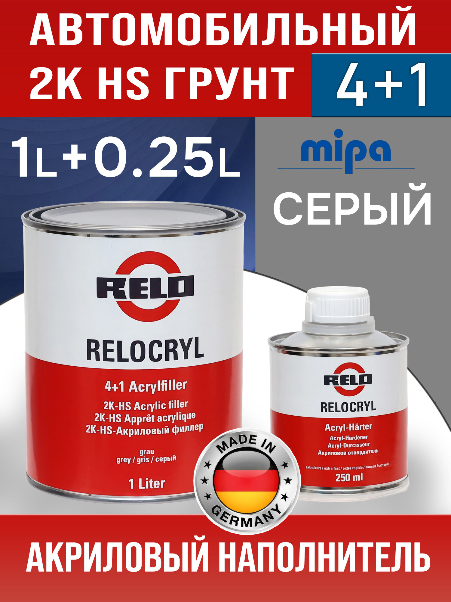Грунт автомобильный Relo (1л+0.25л) серый 4+1 комплект, наполнитель для кузовного ремонта 2К Acryl Filler (Mipa)