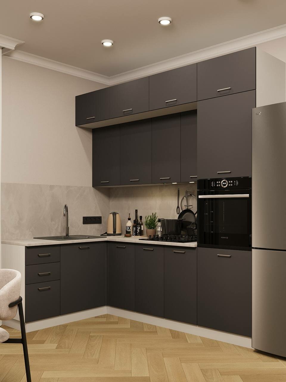 Модульная кухня угловая МДФ 2,4х1,6м Урбан графит софт без столешницы, с пеналом под духовой шкаф мебельный РАЙ