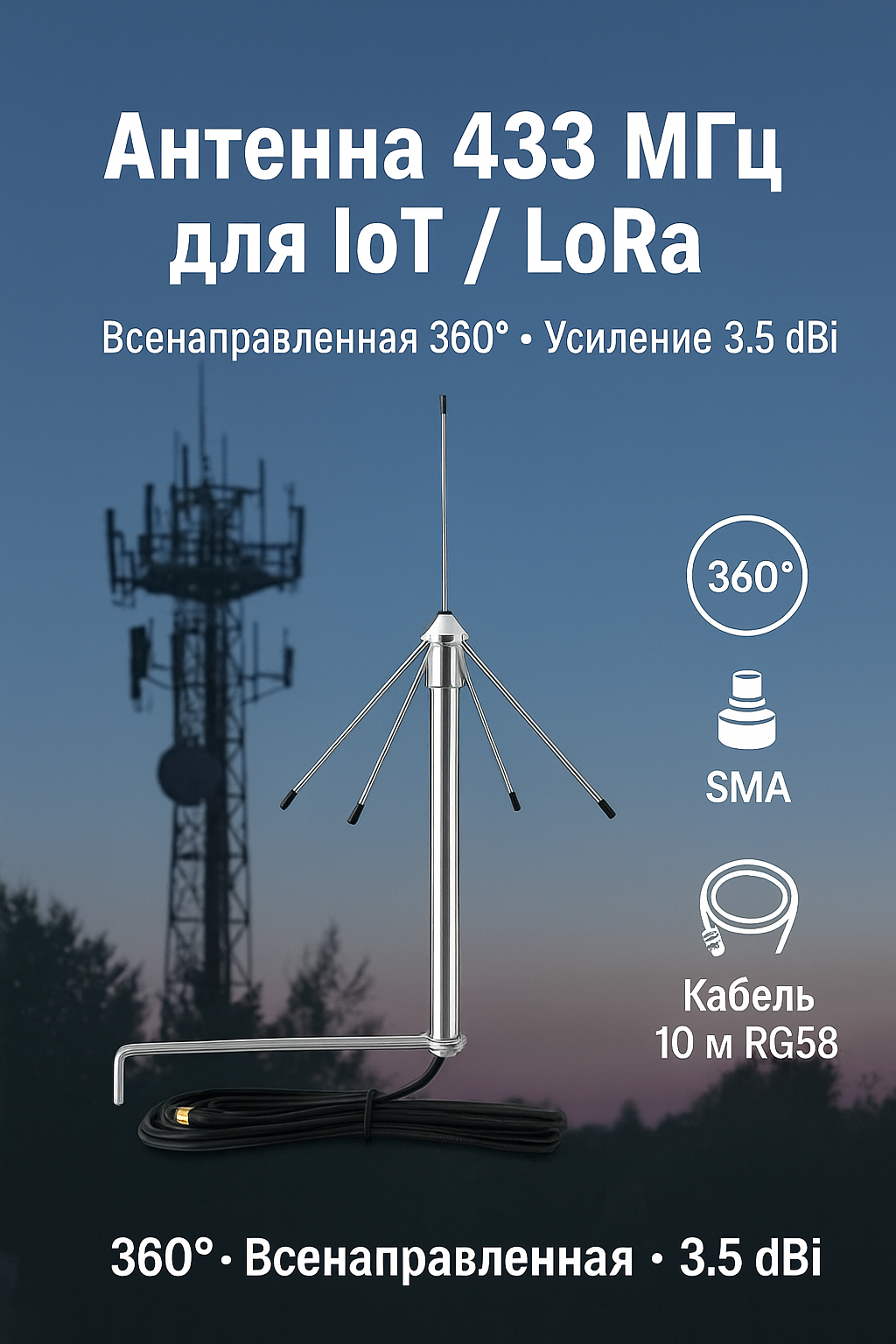 Антенна GP 433 МГц LoRa IoT всенаправленная с кабелем 10 м SMA Male для систем радиосвязи и умного дома