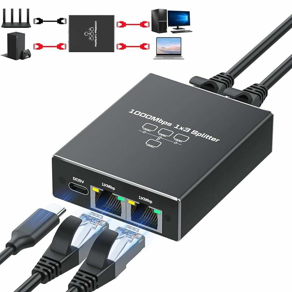 От 1 до 3 Ethernet-разветвитель 1000 Мбит/с Разветвитель RJ45 Разветвитель локальной сети