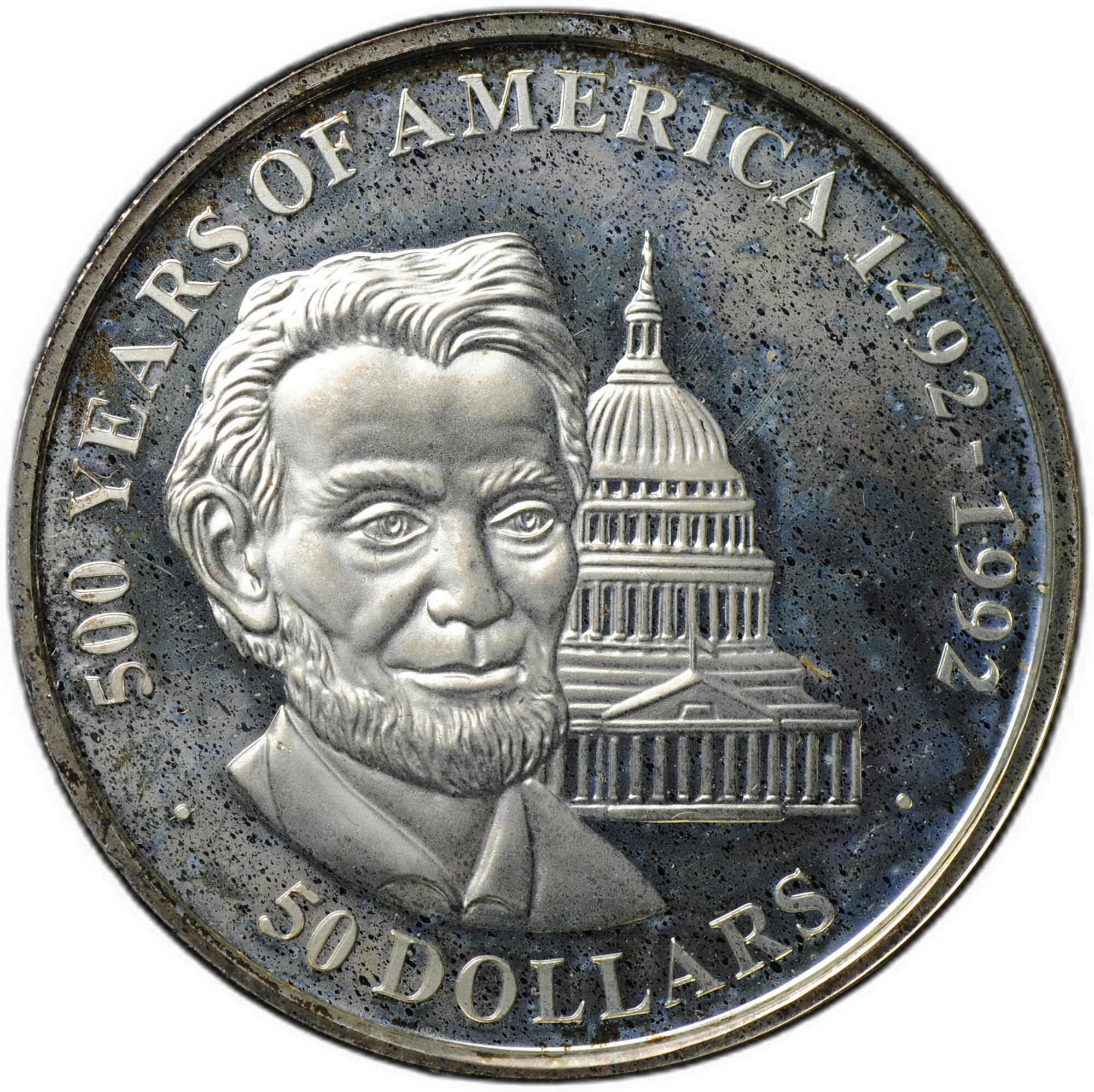 Монета 50 долларов 1991 500 лет открытию Америки - Авраам Линкольн Острова Кука