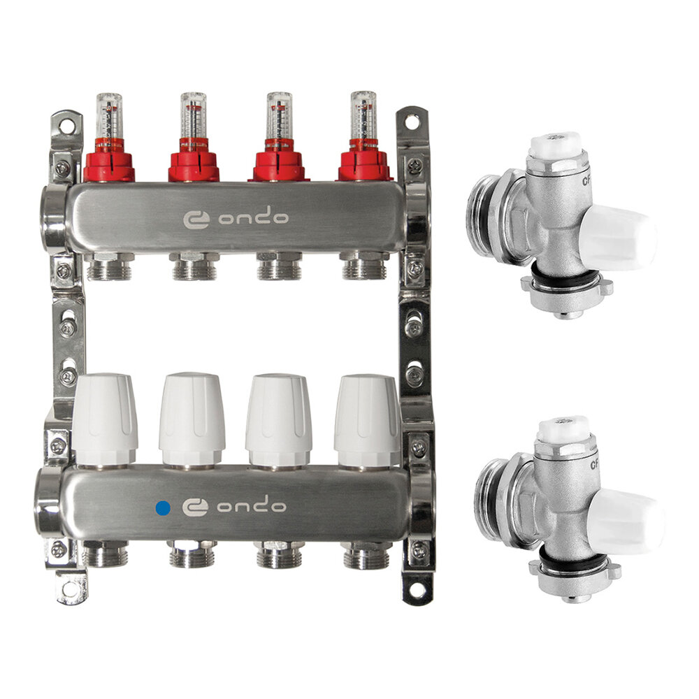 Коллекторная группа ONDO на 4 выхода с расходомерами, термостатическими клапанами и двумя концевыми элементами ручным воздухоотводчиком