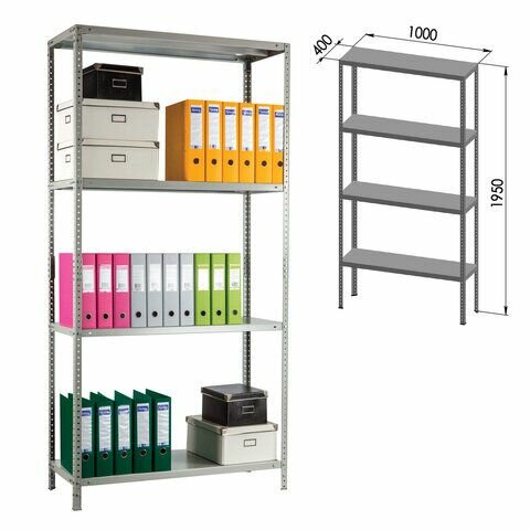 Стеллаж металлический практик "MS KD", сборная стойка, 1950х1000х400 мм, 4 полки, MS 200/100х40/4