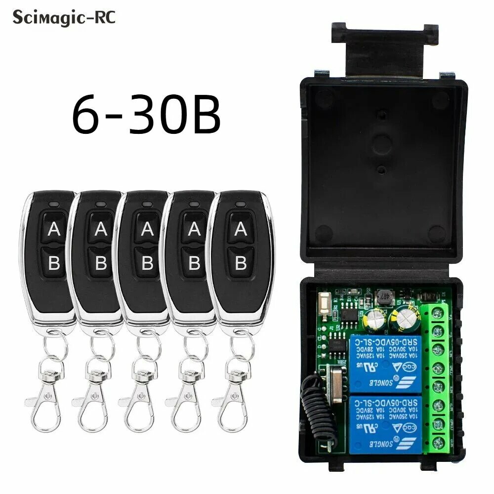 Двух канальное радиоуправляемое реле 6-30B 12B 24B 10А 433МГц. Радиореле для ворот, шлагбаумов. Дистанционный выключатель. Беспроводной переключатель. + 5 пульт