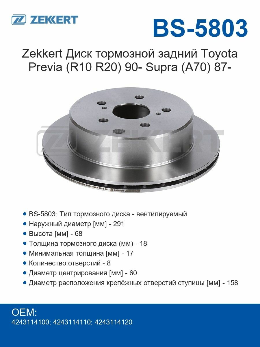 Zekkert Диск тормозной задний Toyota Previa (R10 R20) 90- Supra (A70) 87-