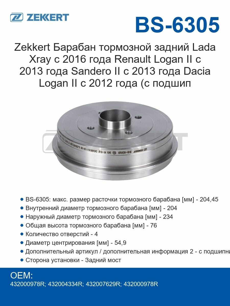 Zekkert Барабан тормозной задний Lada Xray с 2016 года Renault Logan II с 2013 года Sandero II с 2013 года Dacia Logan II с 2012 года (с подшип