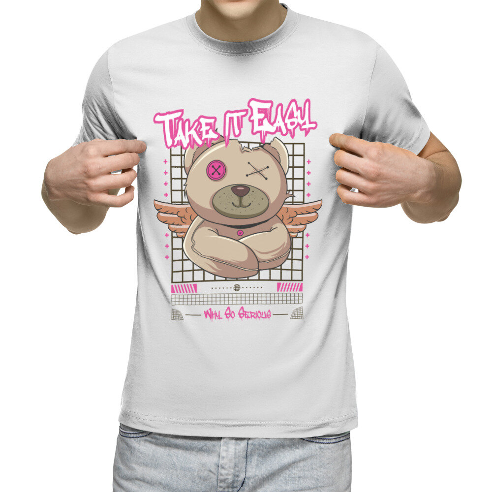 Мужская футболка «Take it Easy, Медведь с крыльями» (белый, 2XL)