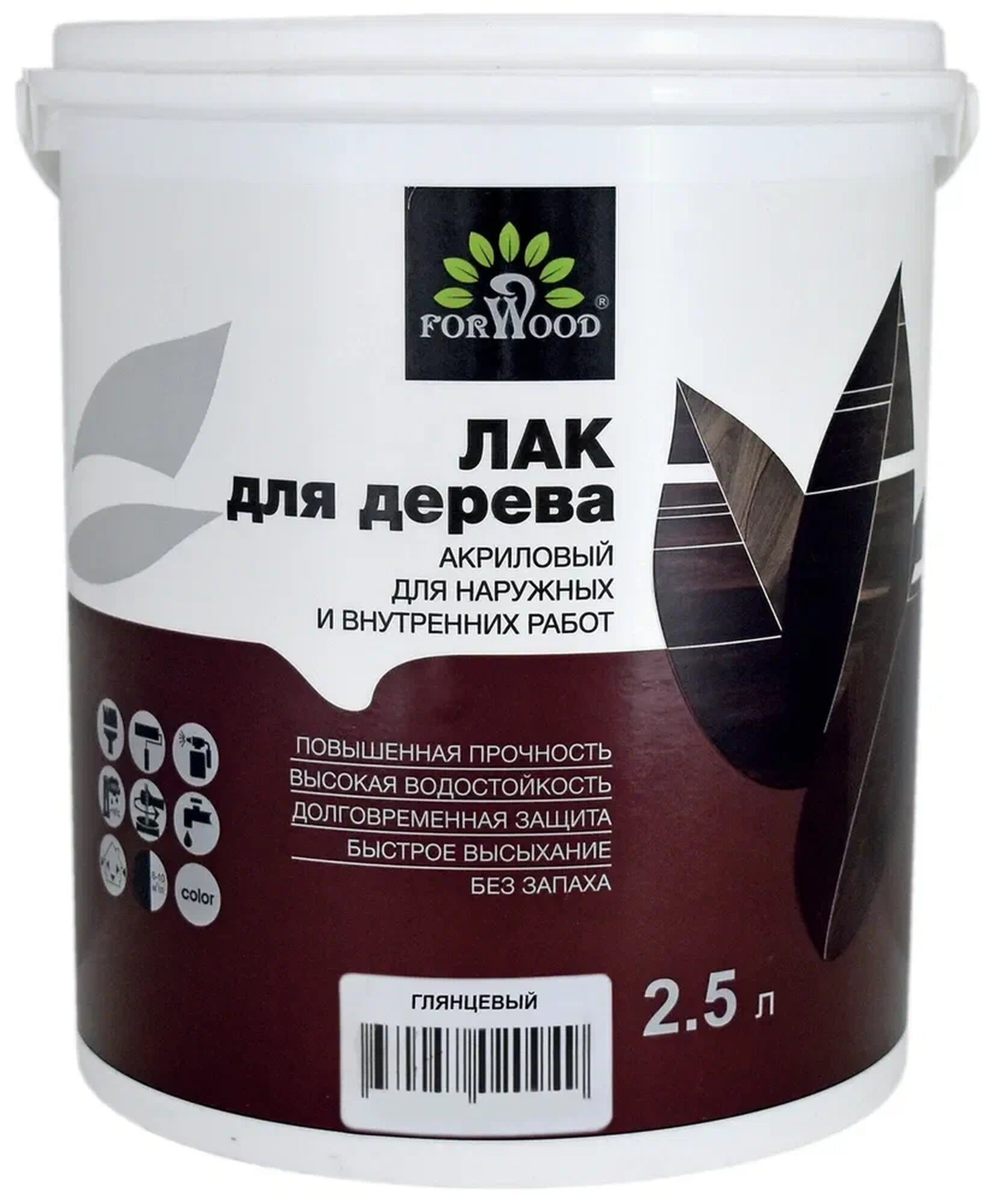 Лак для дерева акриловый, без запаха, 129 глянцевый, бесцветный, 2.5 л