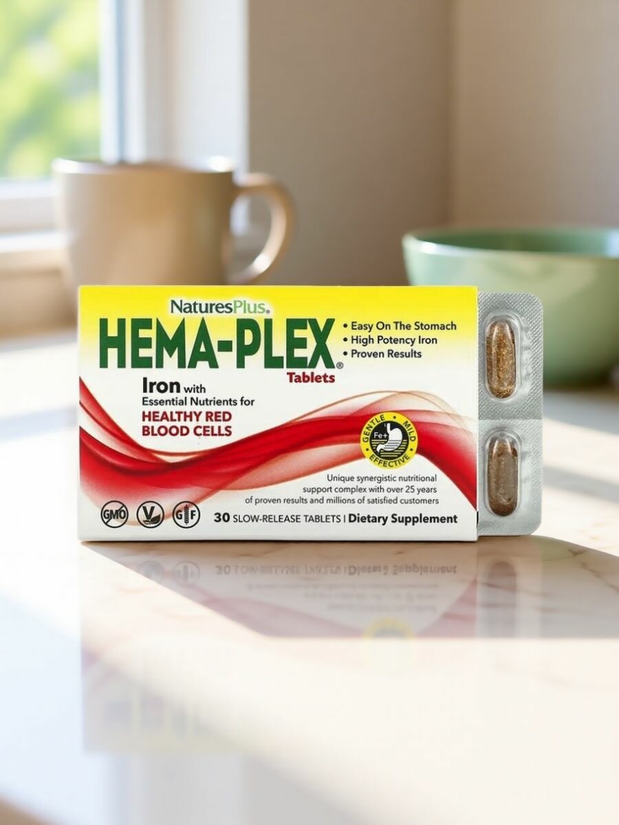 Hema-Plex,(Хема плекс ) Железо с синергетическими кофакторами для общего здоровья крови , 30 таблеток с длительным высвобождением