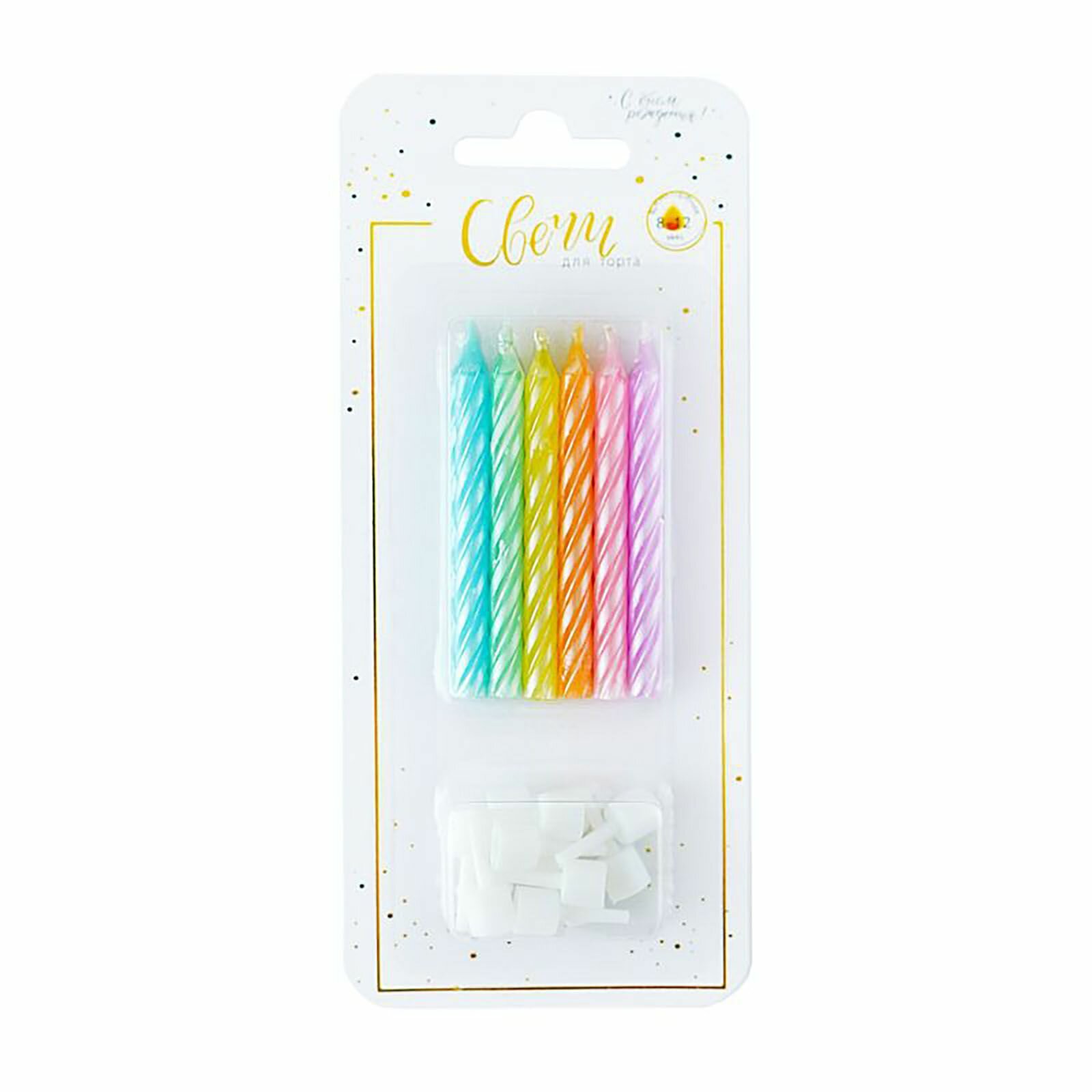 Свечи тортовые классические Макаронс Перламутр (Ассорти) с держателями / 6 см / 12 шт.