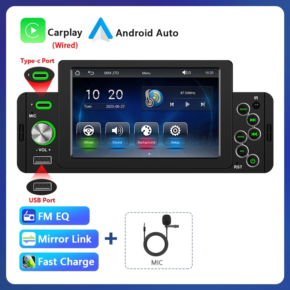 Podofo CarPlay Android Auto автомагнитола 1Din