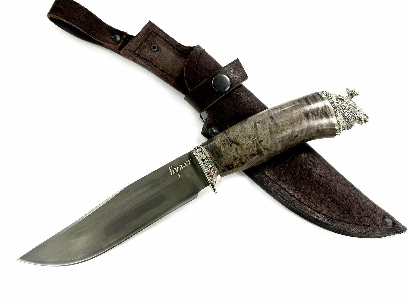 Нож Охотничий, булат, стабил. карельская береза, мельхиор, навершие лось