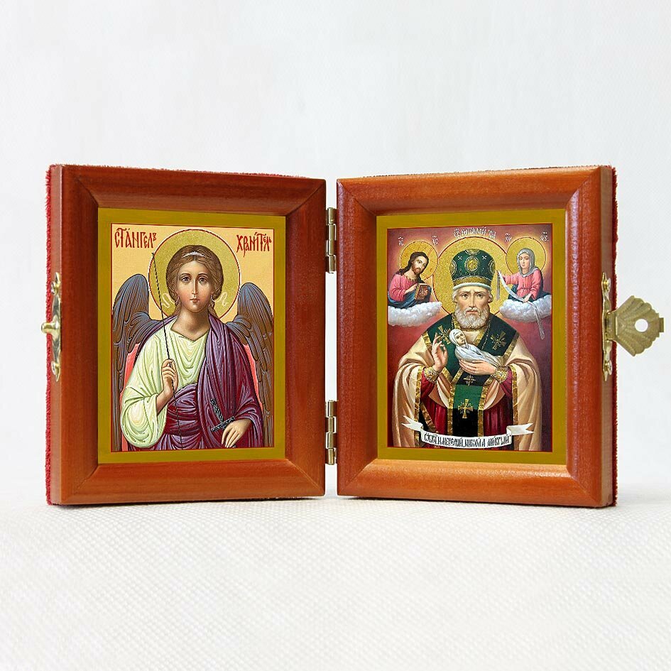 Складень именной "Святитель Николай Чудотворец "Никола Мокрый" - Ангел Хранитель", из двух икон 8*9,5 см