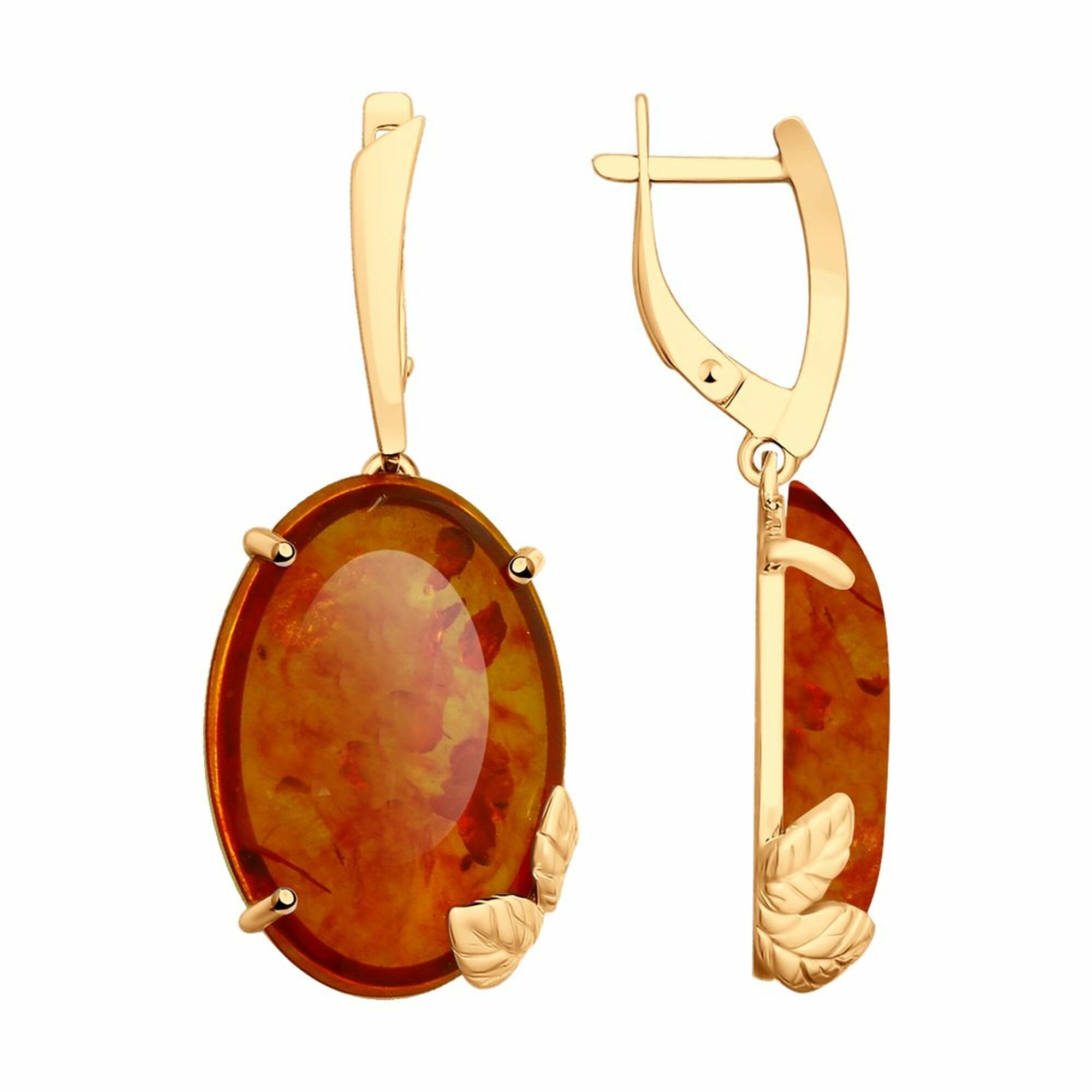 Серьги, серебро, 925 проба, золочение, янтарь