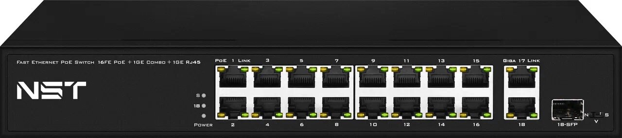 Коммутатор NST NS-SW-16F3G-P 16xFE 10/100 Base-T PoE+ 2xRJ45 GE 1хSFP GE