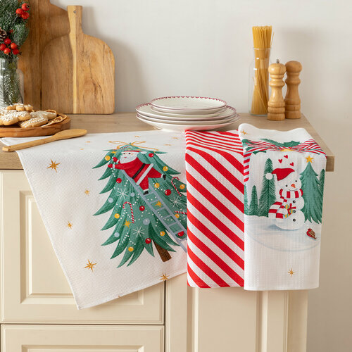 Кухонные полотенца новогодние вафельные 45х60 (3 шт) Унисон рис 33289-1 ...
