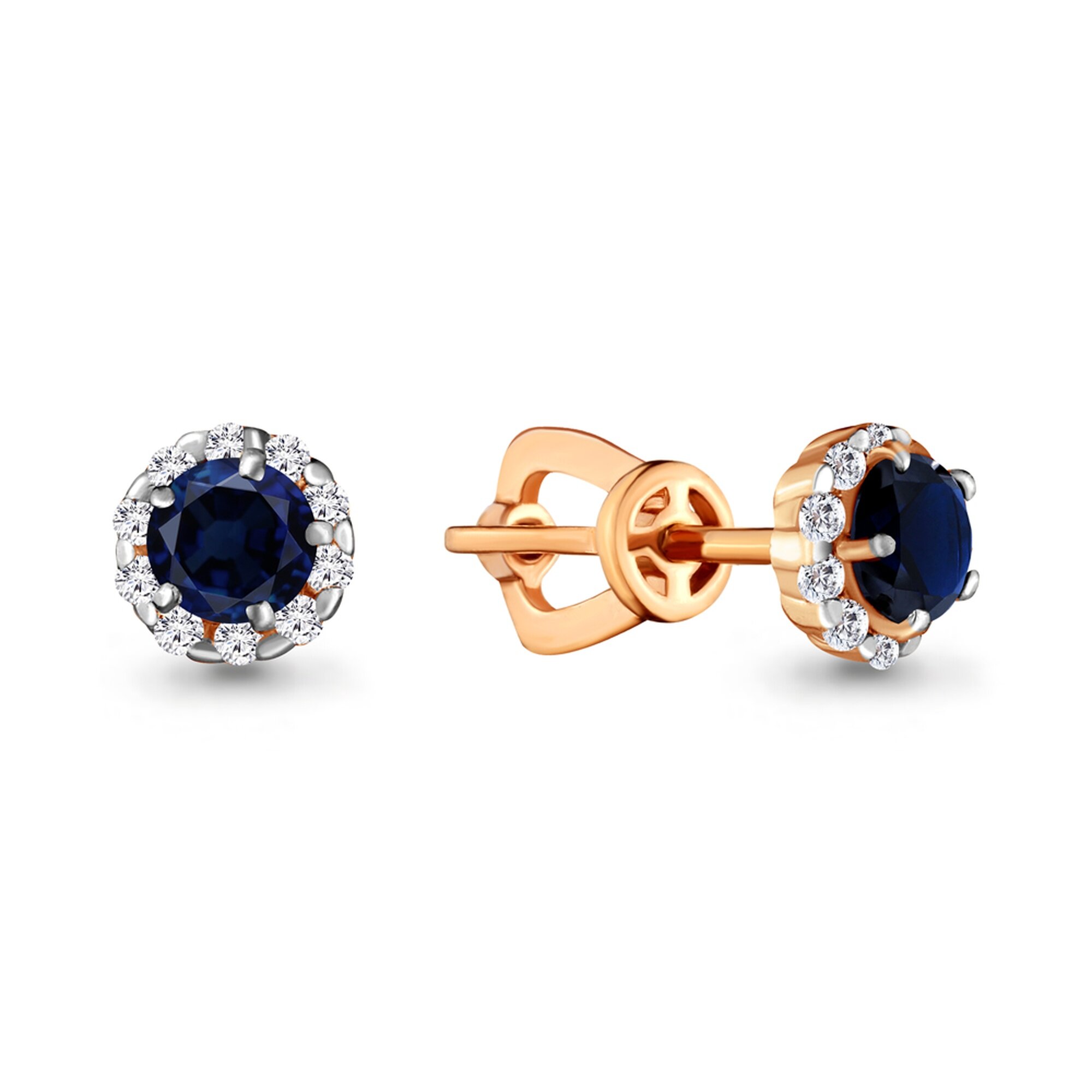 Серьги пусеты, красное золото, 585 проба, бриллиант, сапфир
