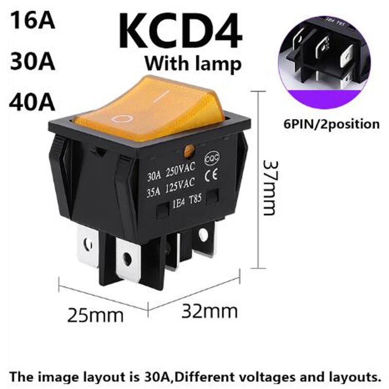 Переключатель KCD4 30A, 6PIN, желтый