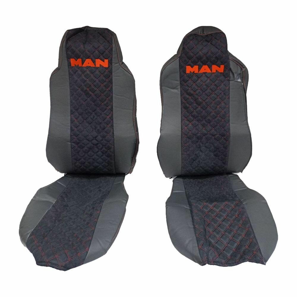 Автомобильные чехлы (Ромб: черные с красной строчкой) из экокожи и алькантары для MAN TGA/TGM/TGL/TGS/TGX (2000-)