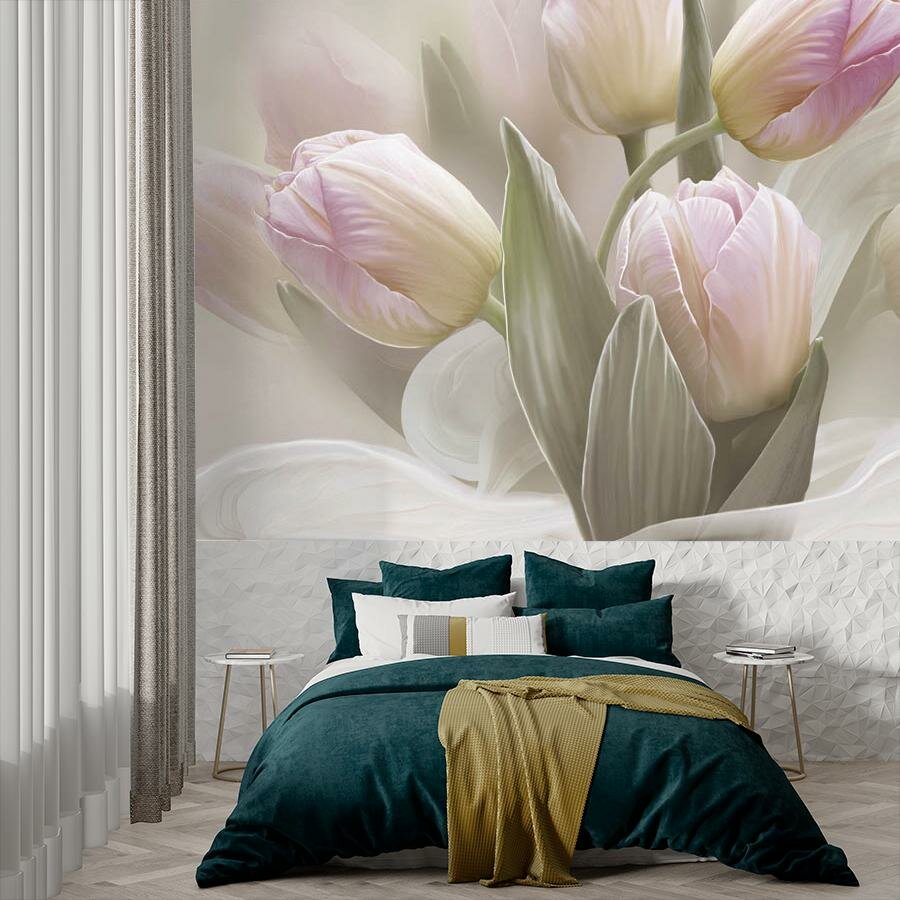 Фотообои Тюльпаны акварель 13-603-S-Холст 270 x 200 см (ВхШ) Бесшовные, флизелиновые, влагостойкие обои MasterFresok