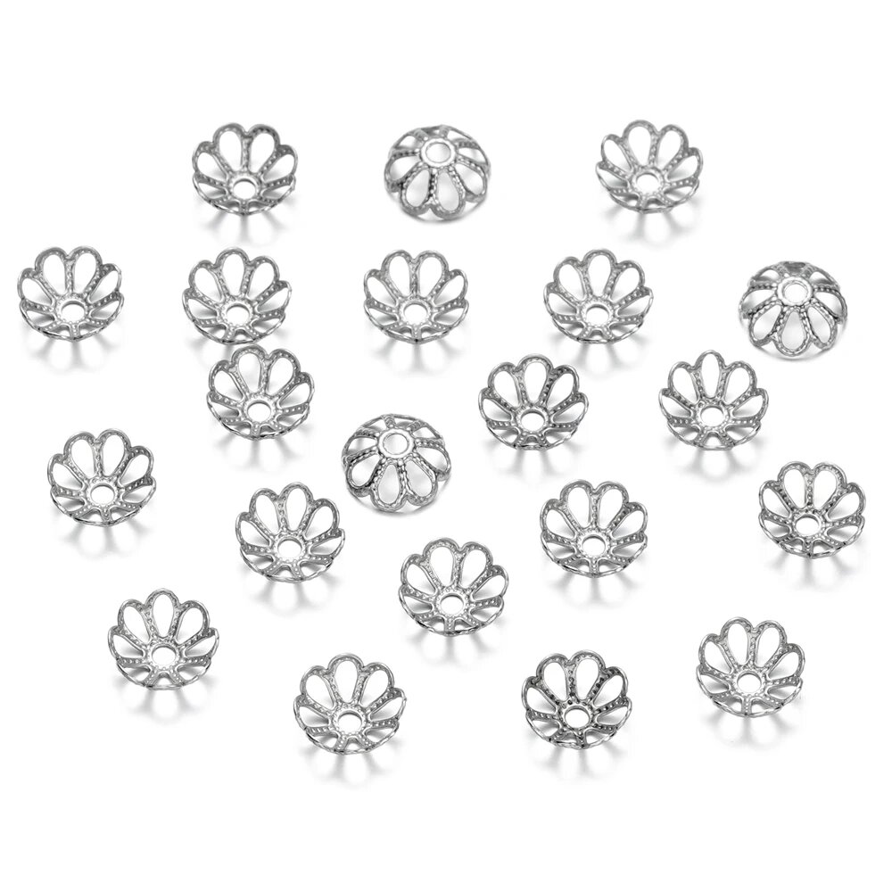 Круглые бусины St.kunkka из нержавеющей стали с цветом и листьями дерева Серебряный, 50pcs, 04