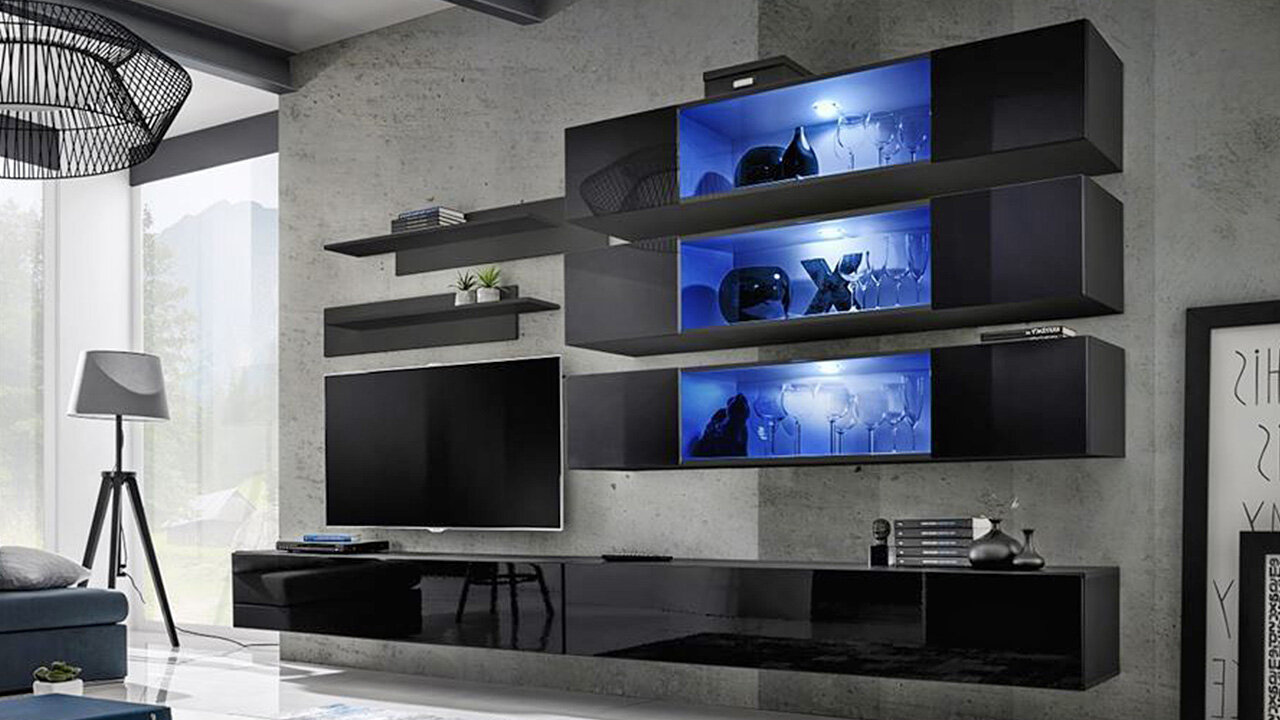 Гостиная 6 МДФ (черная) / Черный 0190 NEW 320x40x180 см, Дом мебели для вас