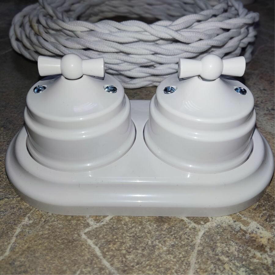 Комплект из двух выключателей 2-клавишных поворотных открытой установки Ретро с двухместной рамкой, цвет белый