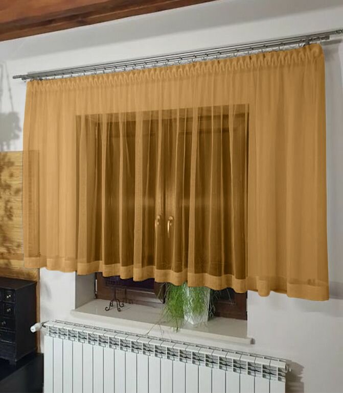 Короткий тюль для кухни одним полотном на ленте под крючки арт. ТК-774 высота 160 см цвет карамельный