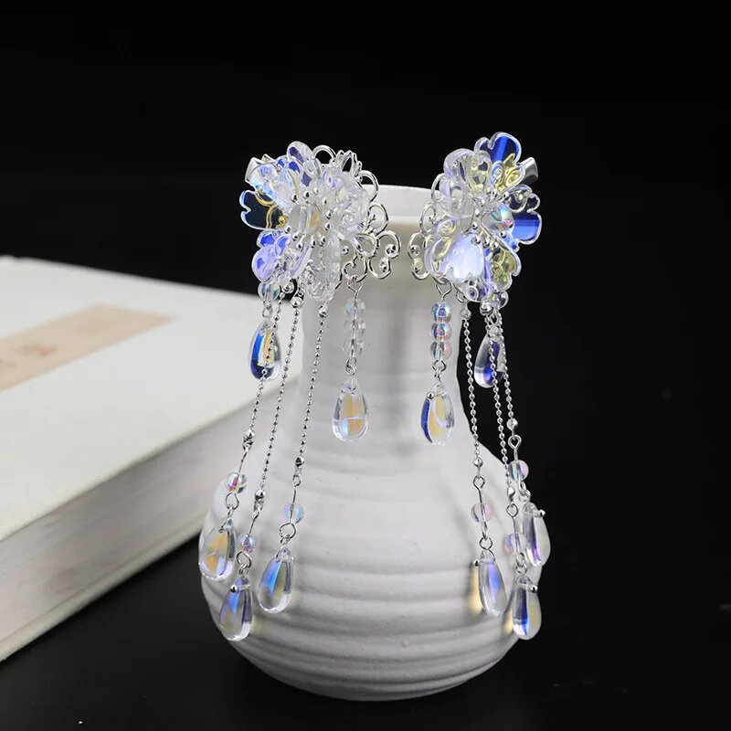 Винтажная сине-белая керамическая заколка для волос с кисточками B hair clip