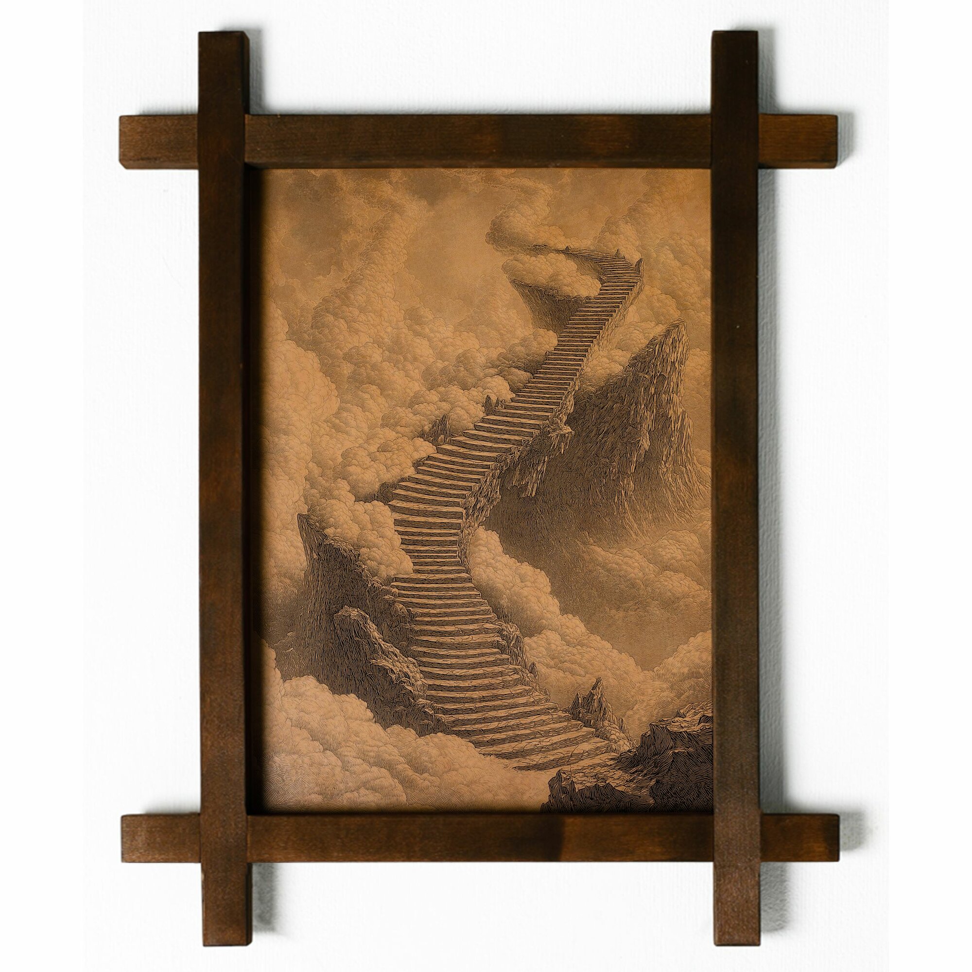 Картина интерьерная, натуральная кожа, "Бесконечная лестница, уходящая в облака", в деревянной раме, BoomGift