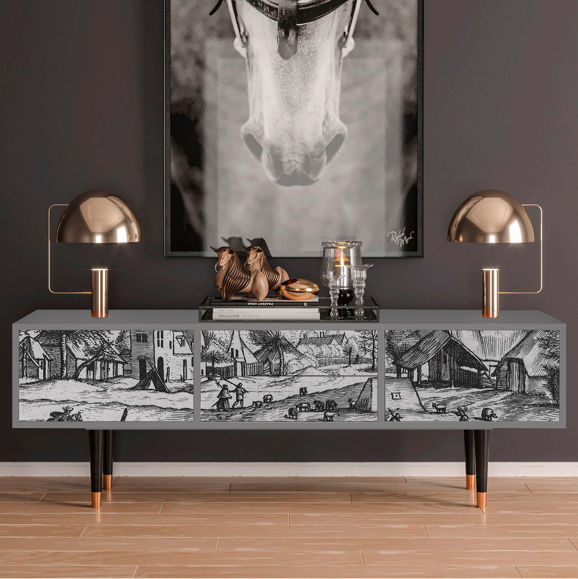 ТВ-Тумба - STORYZ - T4 Country Village With Sheep by Pieter Breugel, Размер - 170 x 59 x 48 см, Цвет корпуса - , Серый