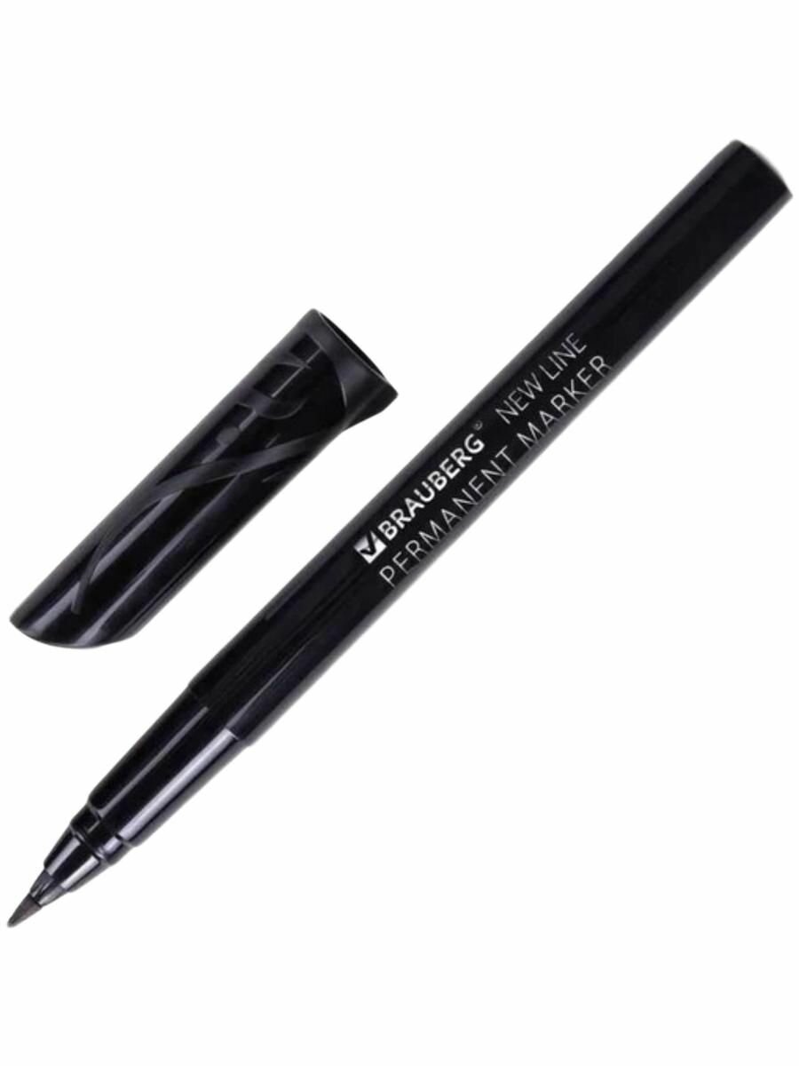 Перманентный нестираемый маркер BRAUBERG NEW LINE черный, круглый наконечник, 2 мм 152209