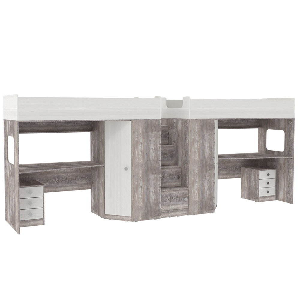 Двухъярусная кровать Л-BB604-604 с тумбами 75x175 Бетон Белое Дерево