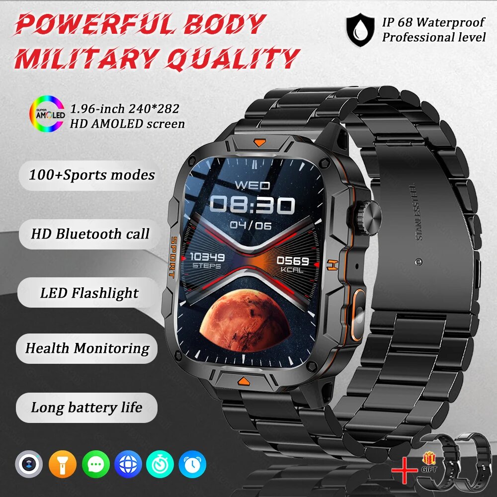 Military Grade Smart Watch Men 1.96" AMOLED Black Steel 2A